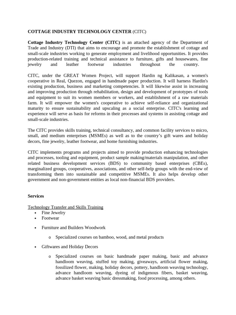 Cottage Industry Technology Center | PDF | Woodworking | Weaving