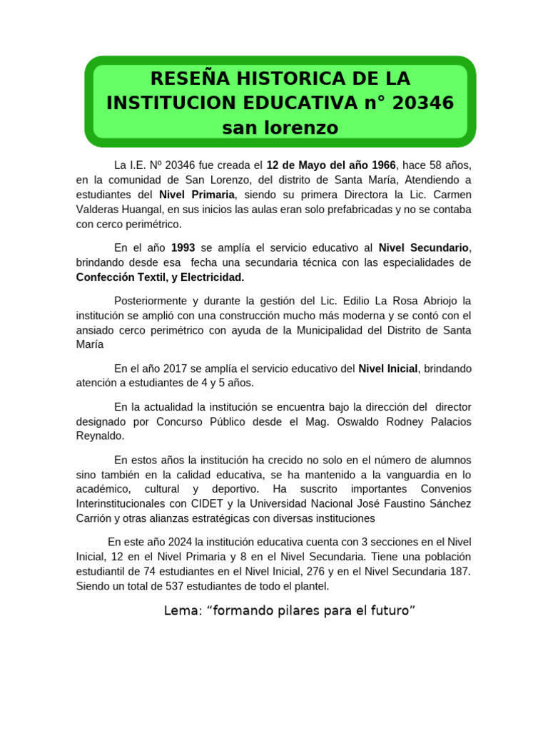 Reseña Historica de La Ie 20346 San Lorenzo 2024 Ultimo Casa | PDF