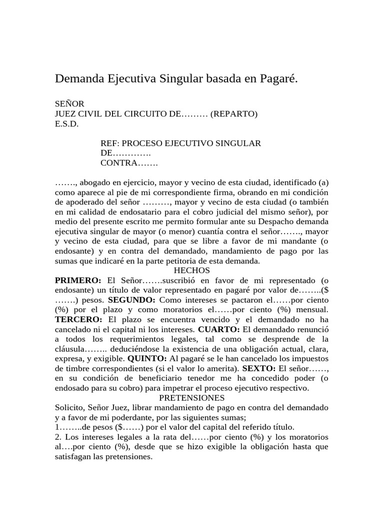 Modelo de Demanda Ejecutiva Singular Basada en Pagare | PDF | Demanda judicial | Procedimiento Civil