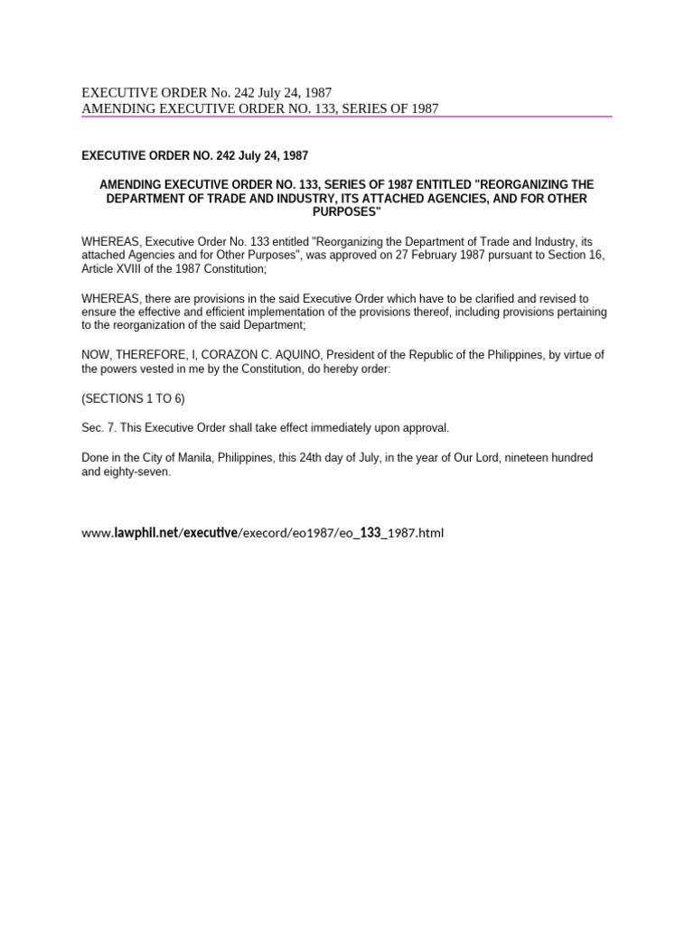 Amending Executive Order No. 133 | PDF