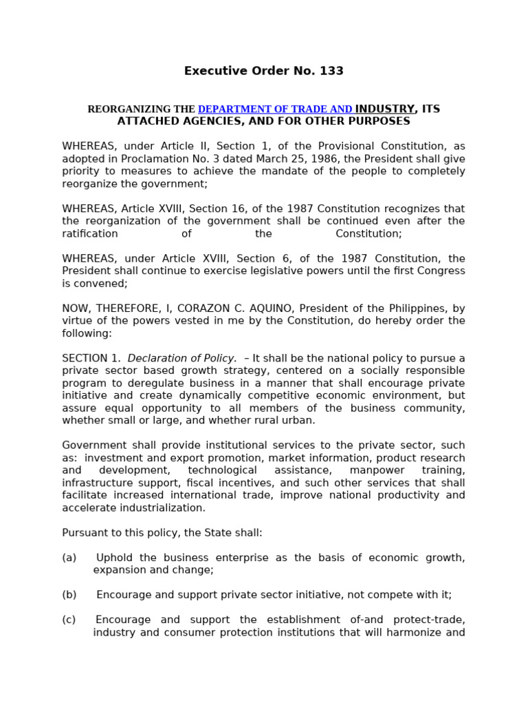 Executive Order No. 133 | PDF | Exports | Trademark