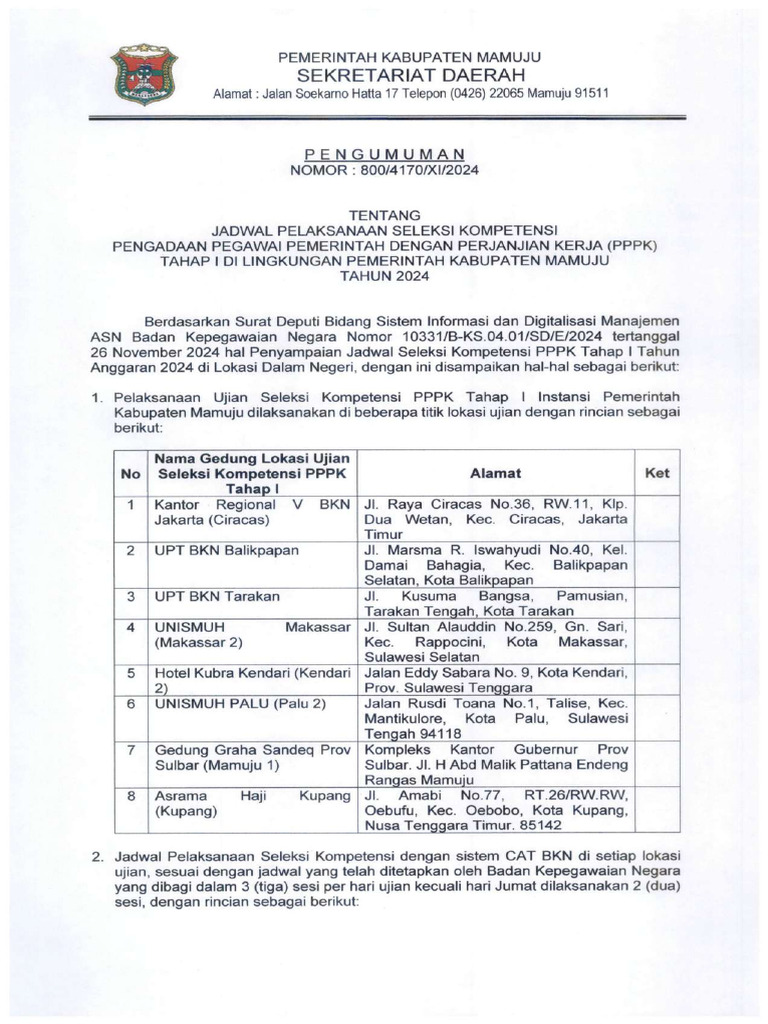 Pengumuman Jadwal Pelaksanaan Seleksi Kompetensi PPPK Tahap I Pemkab Mamuju Tahun 2024 | PDF