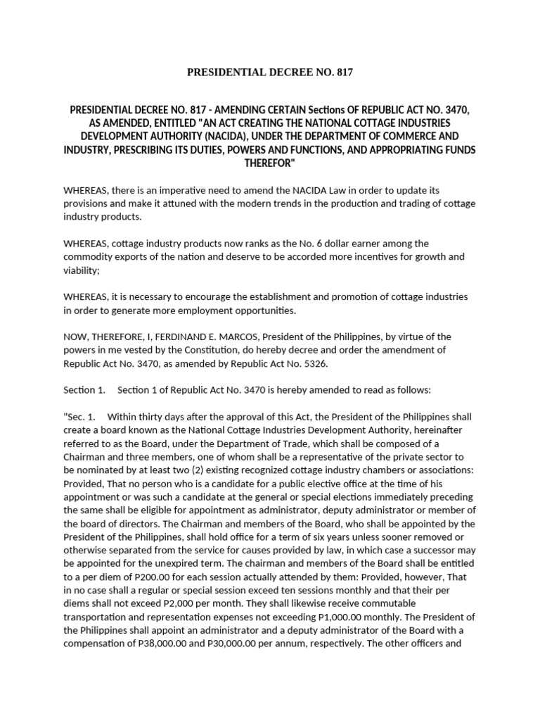 Presidential Decree No. 817 | PDF | Weaving | President Of The Philippines