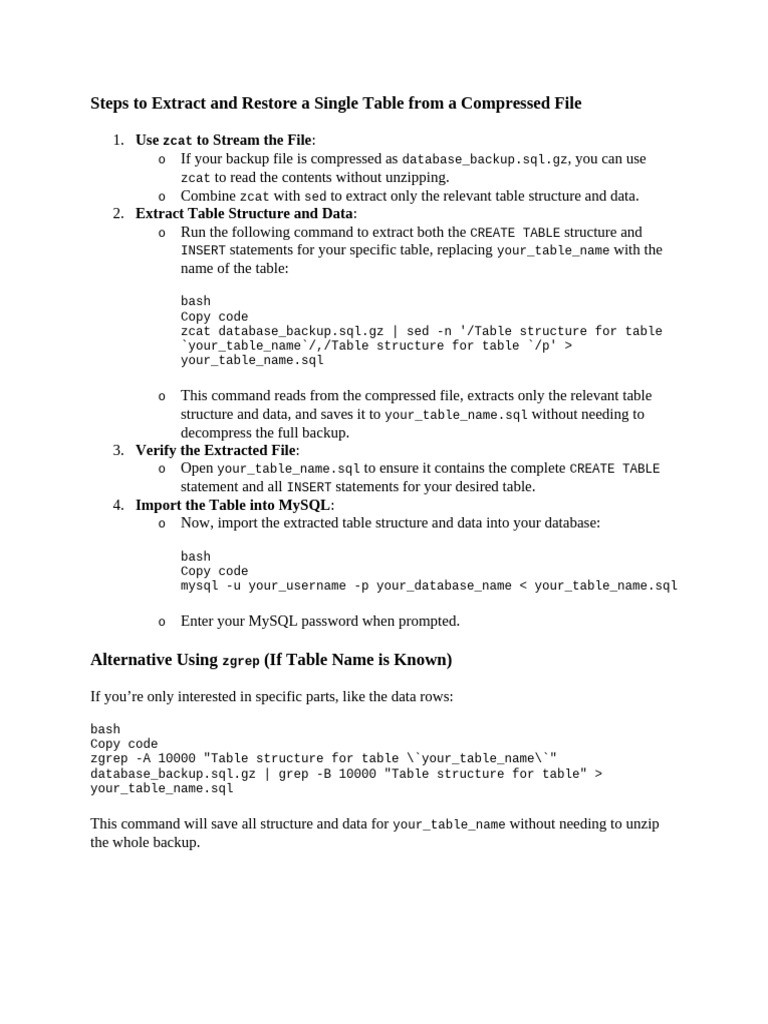 Steps to Extract and Restore a Single Table from a Compressed File | PDF Steps to Extract and Restore a Single Table from a Compressed File | PDF