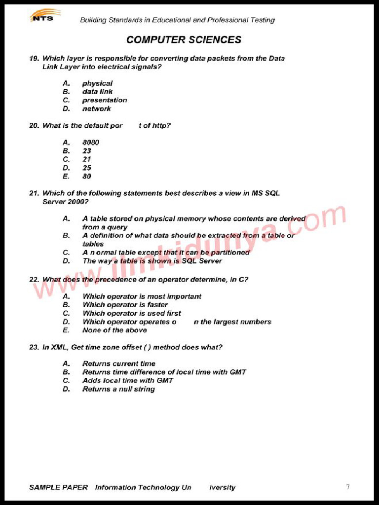 NTS Sample Past Papers Information Technology University MSCS Computer ...