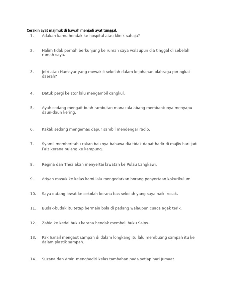 Cerakin Ayat Majmuk Di Bawah Menjadi Ayat Tunggal | PDF