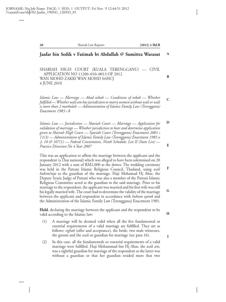Jaafar Bin Sedik V Fatimah BT Abdullah at Sumittra Warasut (2012) 4 SHLR 20 | PDF | Marriage ...