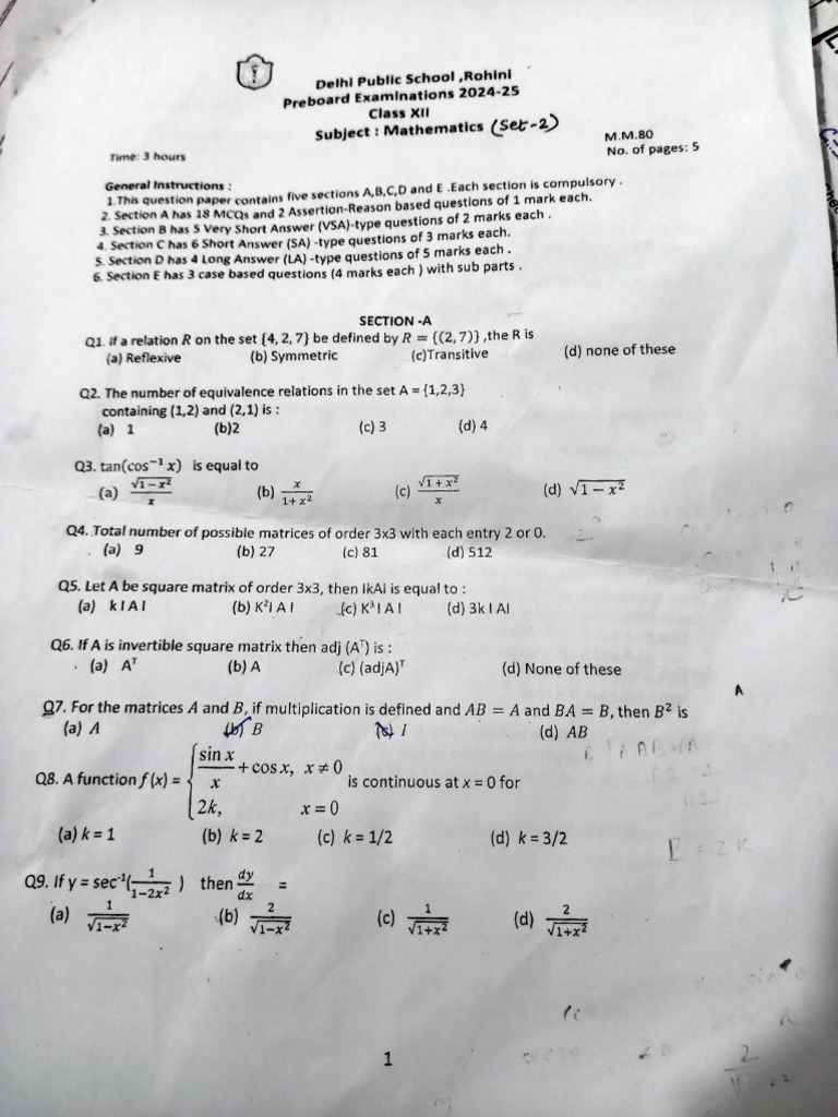 XII Mathematics DPS 2024-25 | PDF