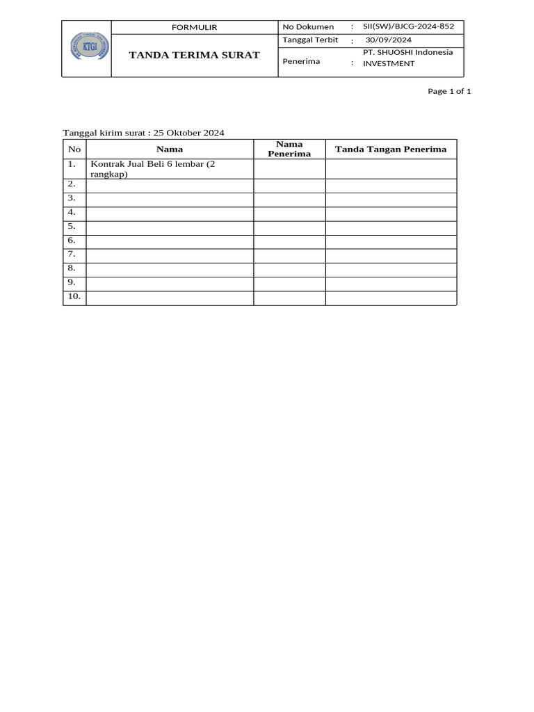 Form Tanda Terima Surat | PDF