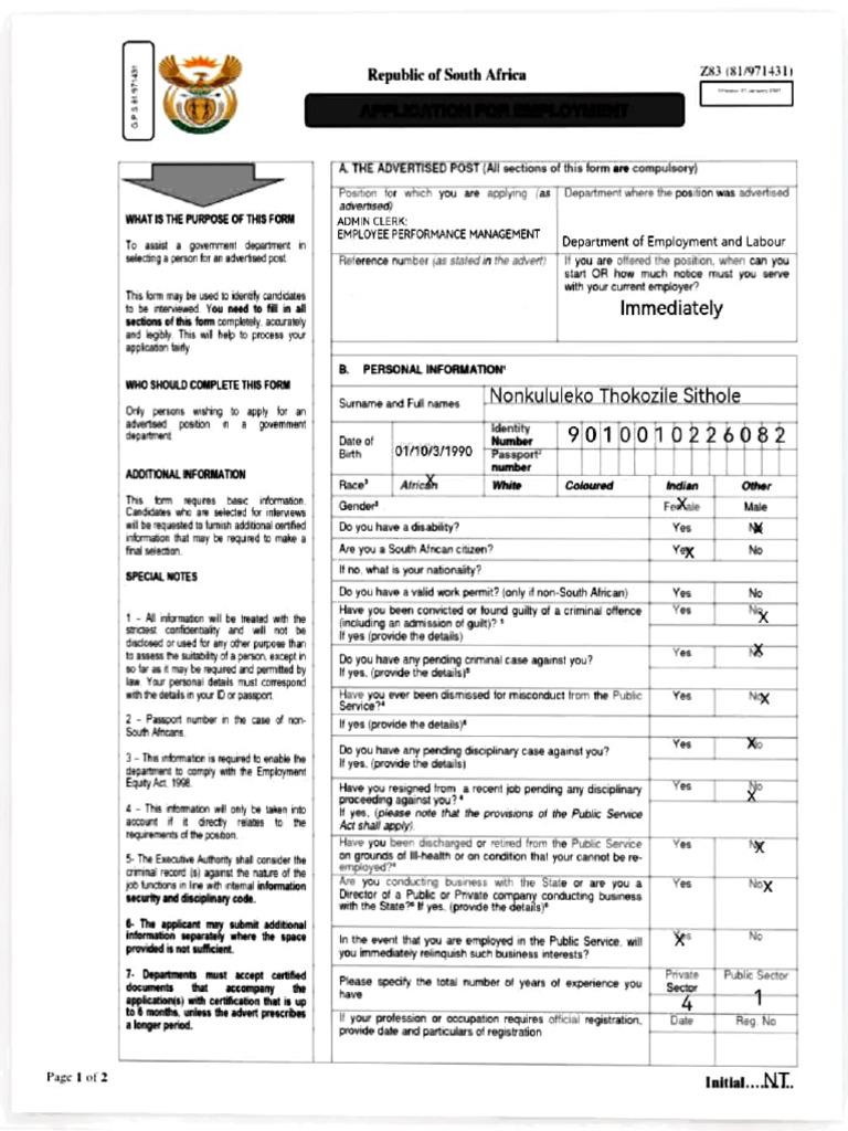 Nonkululeko Thokozile Sithole Z83 | PDF