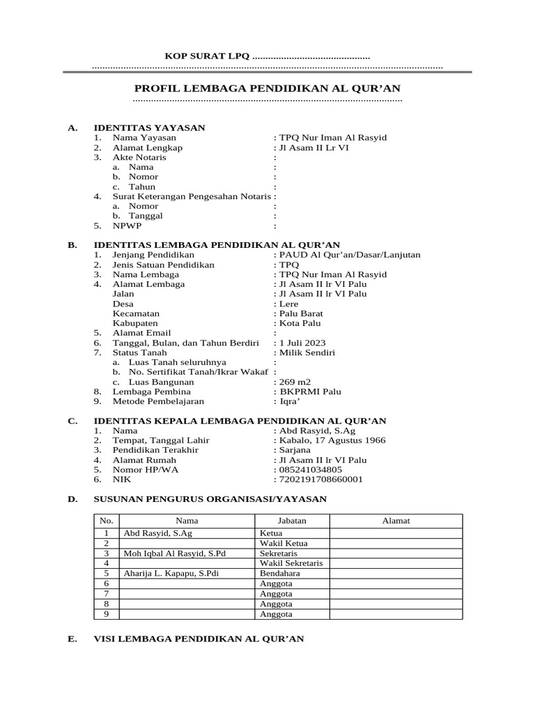 Contoh Profil LPQ 11 08 2020 | PDF