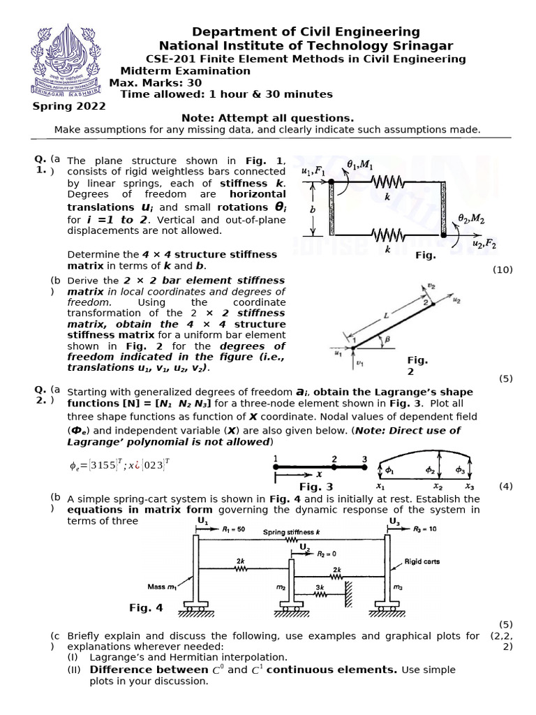220523 Midterm CSE201 Finite Element Methods Spring 2022 | PDF | Matrix (Mathematics) | Finite ...