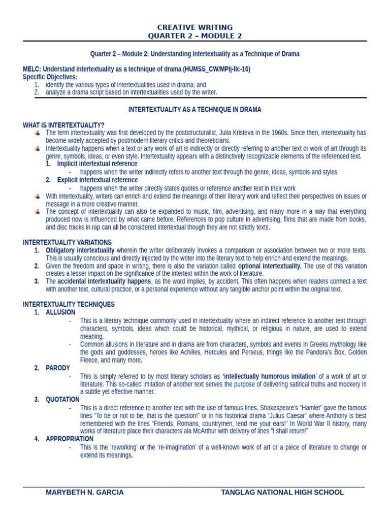 Creative Writing Module 2 Hand Out | PDF | Intertextuality