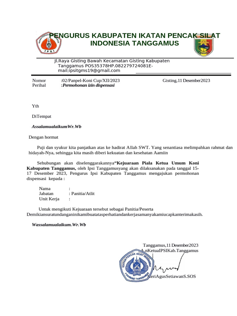 Surat Izin Dispensasi Koni Cup | PDF