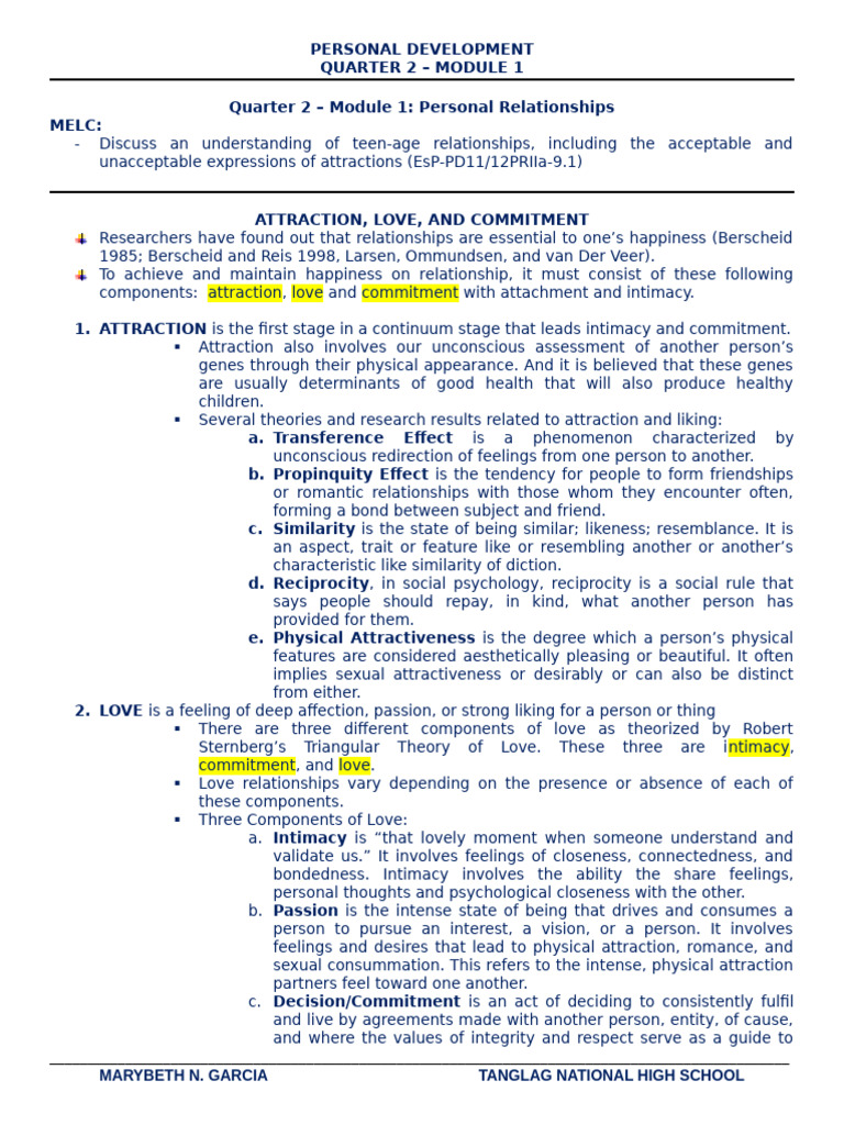 Perdev q2 Module 1attraction Love and Commitment | PDF | Love | Intimate Relationships
