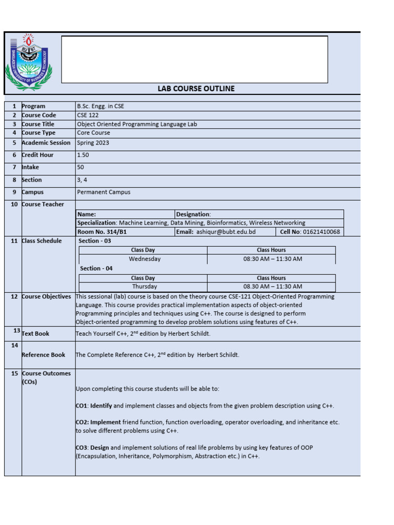CSE 122 OOP Lab OBE Based Course Outline for Spring 2023 | PDF | Class ... CSE 122 OOP Lab OBE Based Course Outline for Spring 2023 | PDF | Class ...