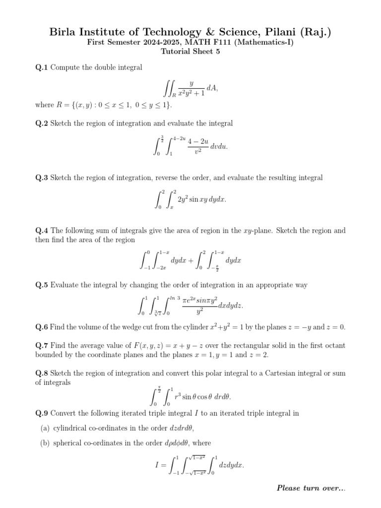 Tutorial Sheet 5 | PDF | Integral | Coordinate System
