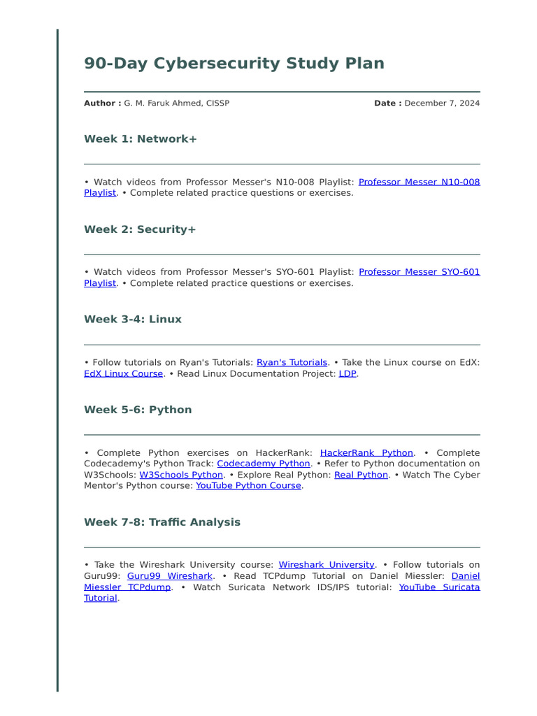 90-Day Cybersecurity Study Plan | PDF
