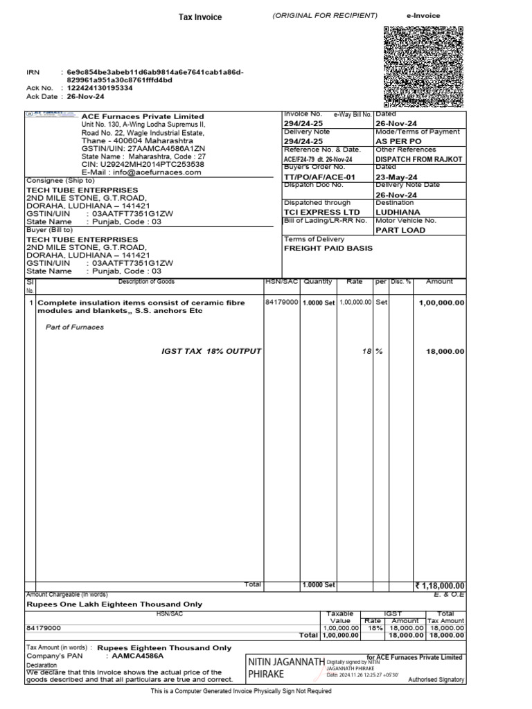 Tax Invoice for ACE Furnaces Pvt Ltd | PDF | Taxes | Payments