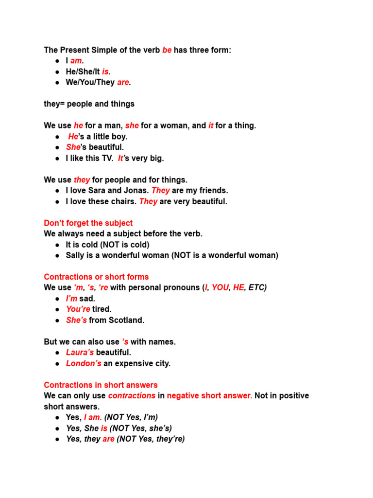 Present Simple Forms of To Be' - (Am - Is - Are) and Exercises | PDF | Linguistic Typology ...