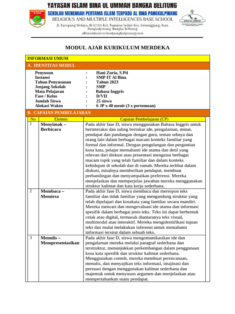 Modul Ajar Chapter 1 About Me | PDF