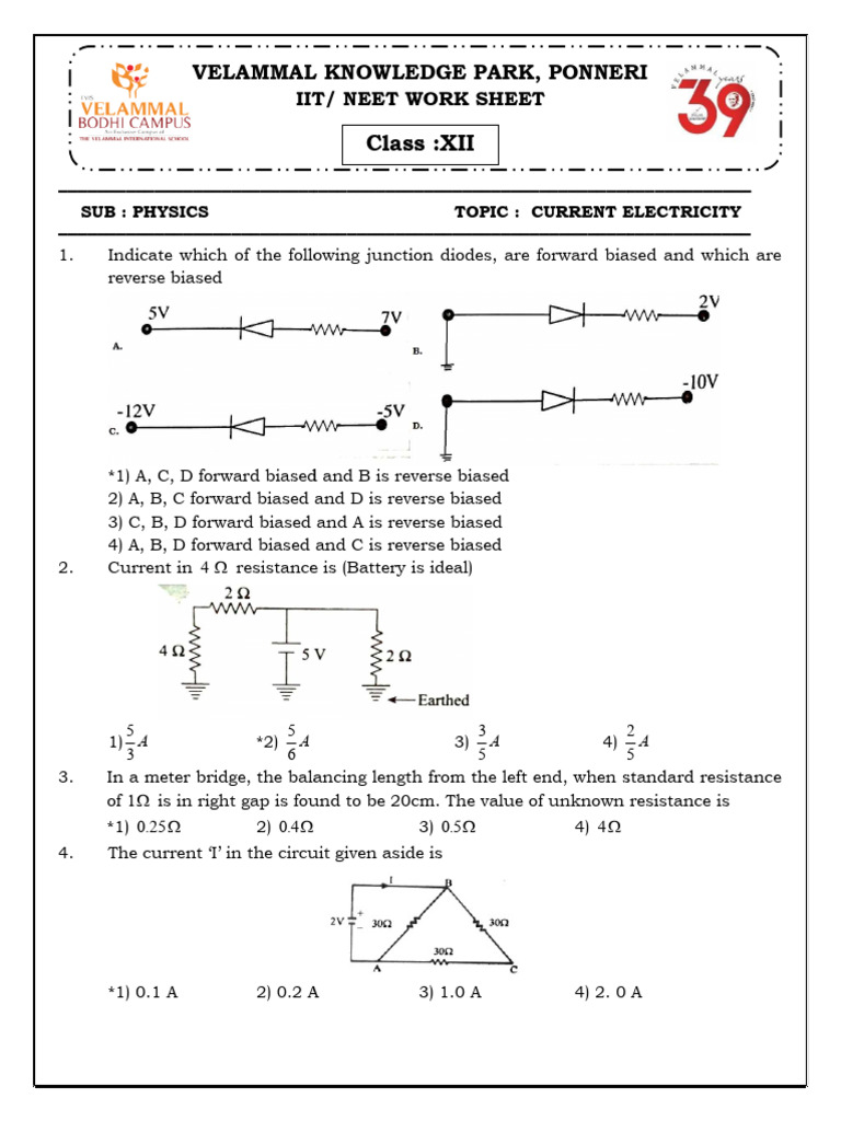 Current Electricity-Ws | PDF | Electrical Resistance And Conductance | Series And Parallel Circuits