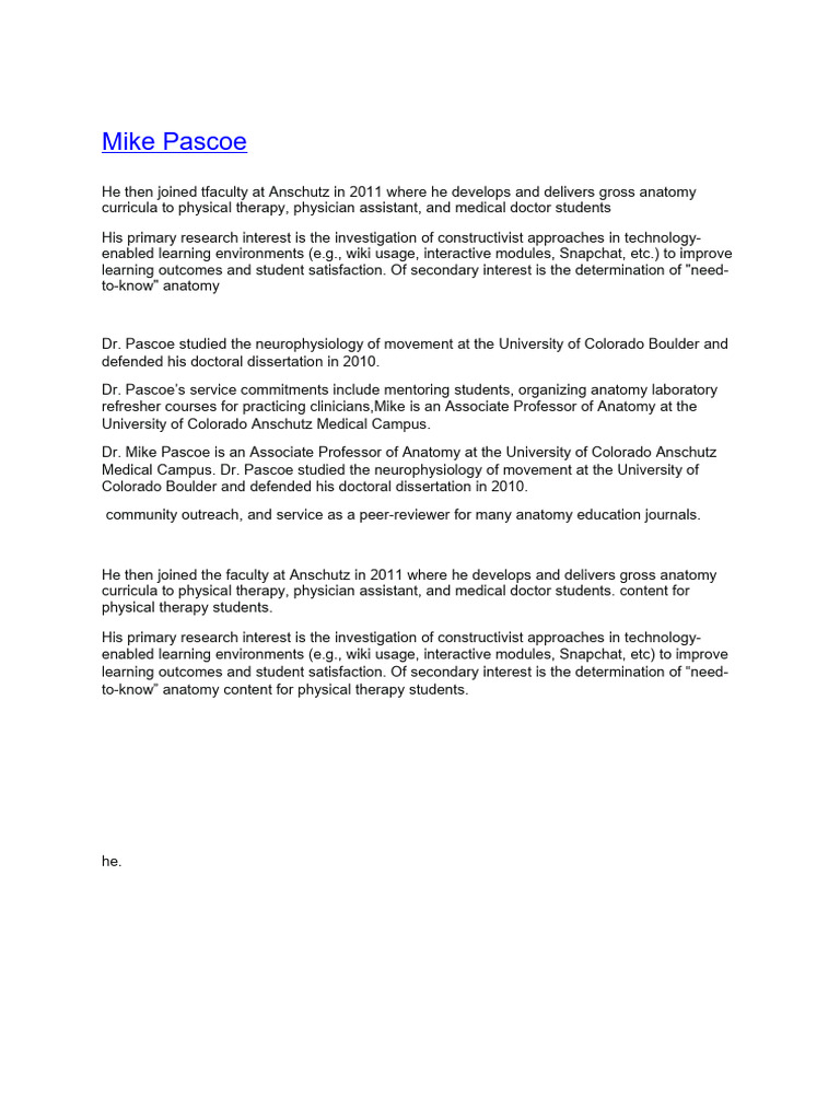 Dr. Mike Pascoe: Anatomy Education Expert | PDF