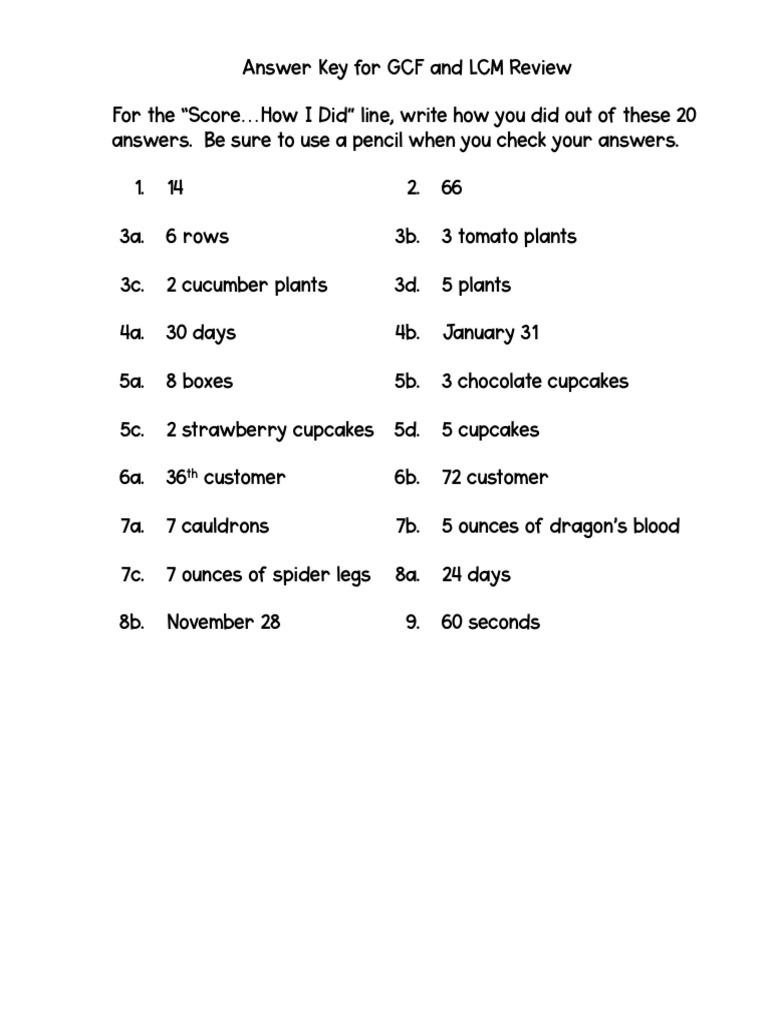 Answer Key GCF and LCM Review | PDF