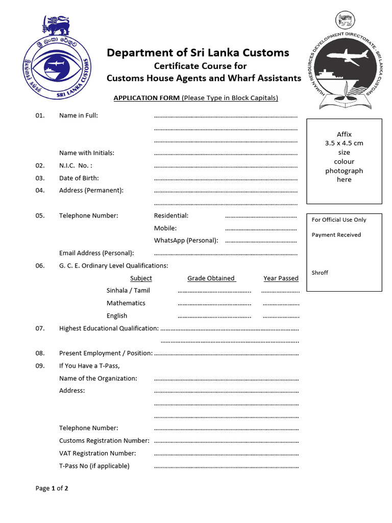 CHA Application Form for Sri Lanka Course | PDF