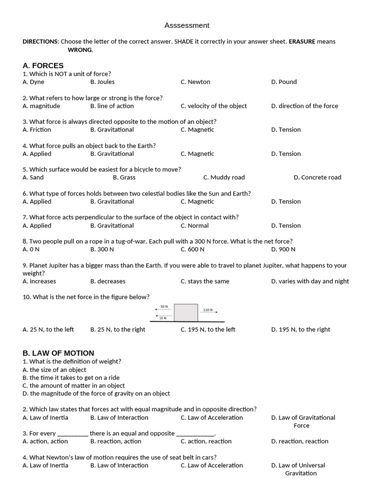 Physics Forces and Motion Quiz | PDF | Force | Mass