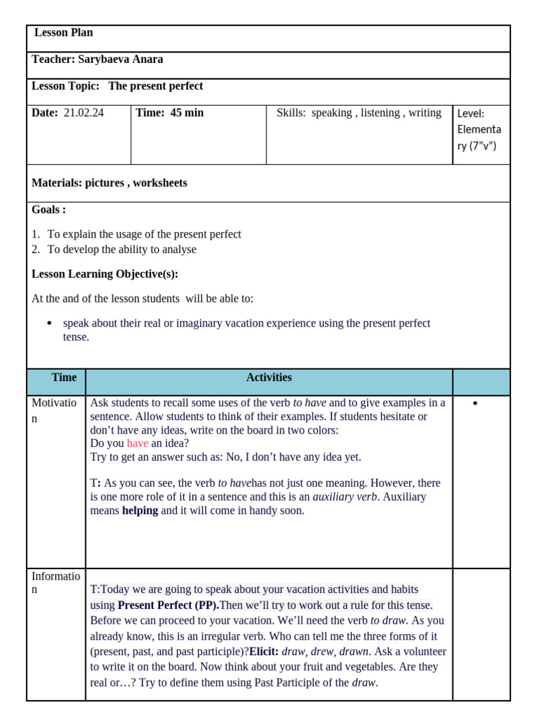 Present Perfect Lesson Plan | PDF | Verb | Perfect (Grammar)
