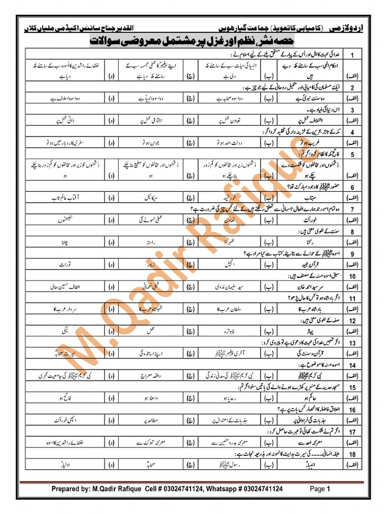 1st Year Urdu Guess Paper | PDF