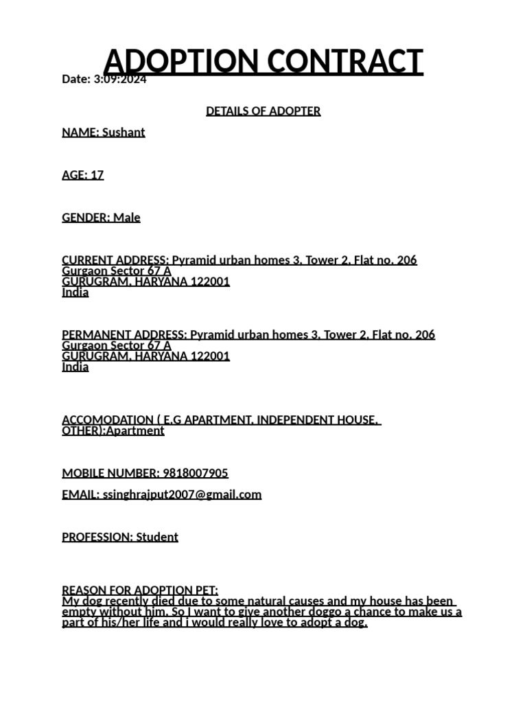 Dog Adoption Contract for Sushant | PDF | Dogs | Animals And Humans