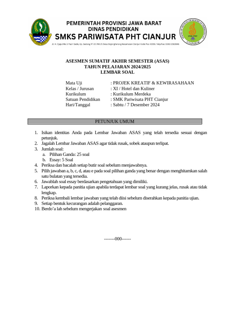 PKWU XI - GANJIL - SOAL ASAS 2024 | PDF