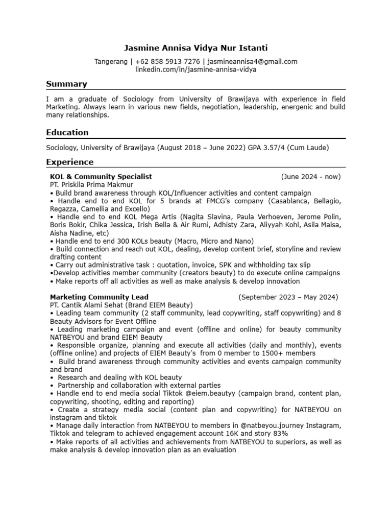CV - Jasmine Annisa Vidya Nur Istanti | PDF | Business | Marketing