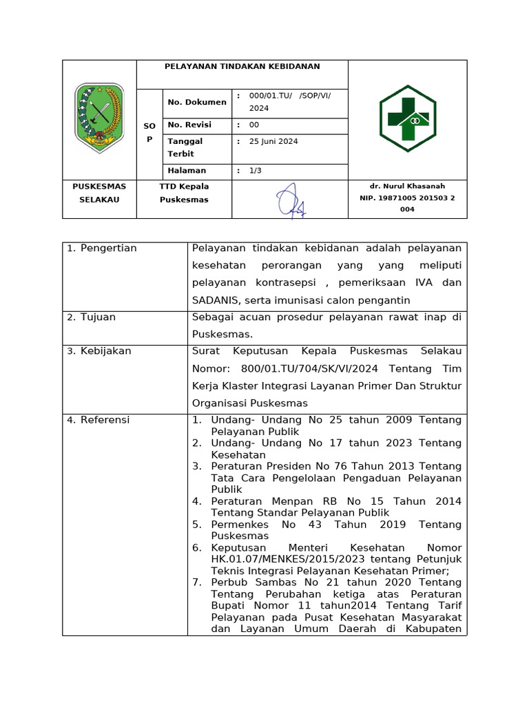 Sop Ruang Pelayanan Tindakan Kebidanan | PDF
