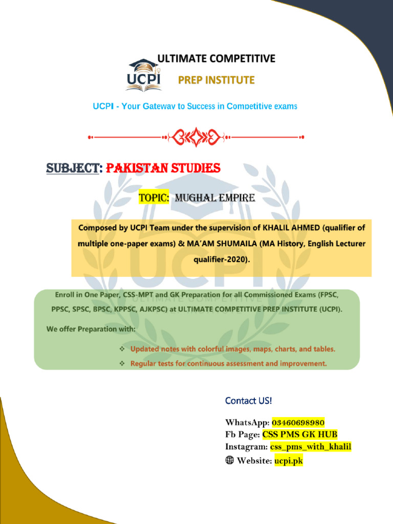 Pakistan Studies-3 (Mughal Era) UCPI | PDF