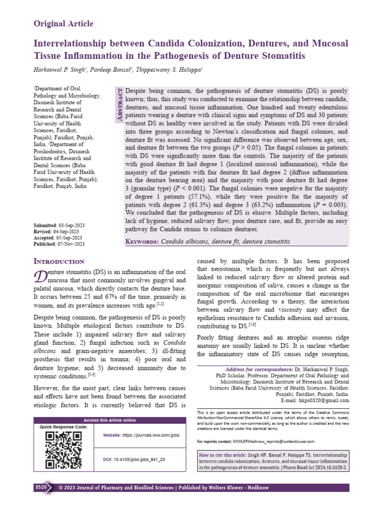 Interrelationship Between Candida Colonization,.151 | PDF | Dentures ...