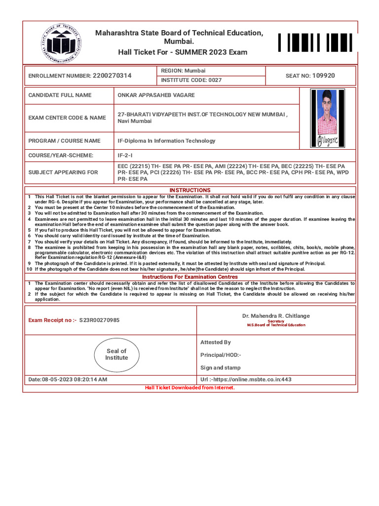 Onkar Vagare 2nd Sem Hall Ticket 111111 | PDF