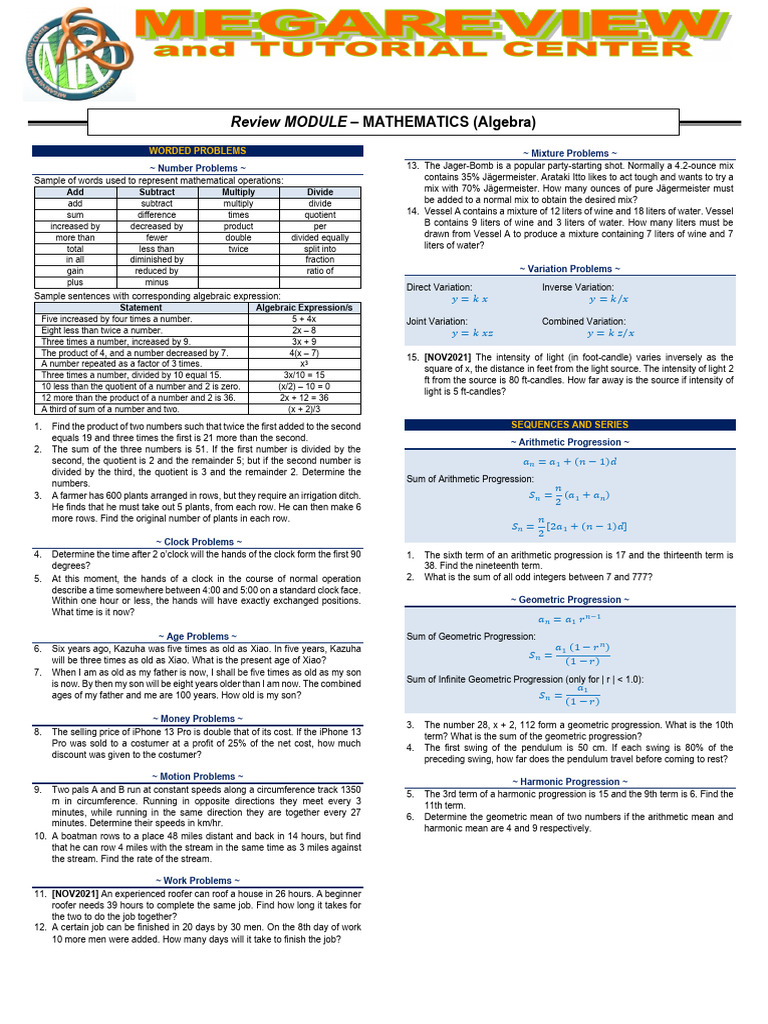 Review Module 01 Algebra Part 2 Pdf Numbers Mathematical Concepts