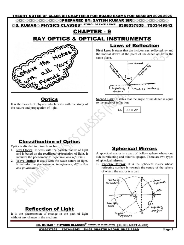 XII CH-9 (RAY OPTICS & OPTICAL INSTRUMENTS) | PDF