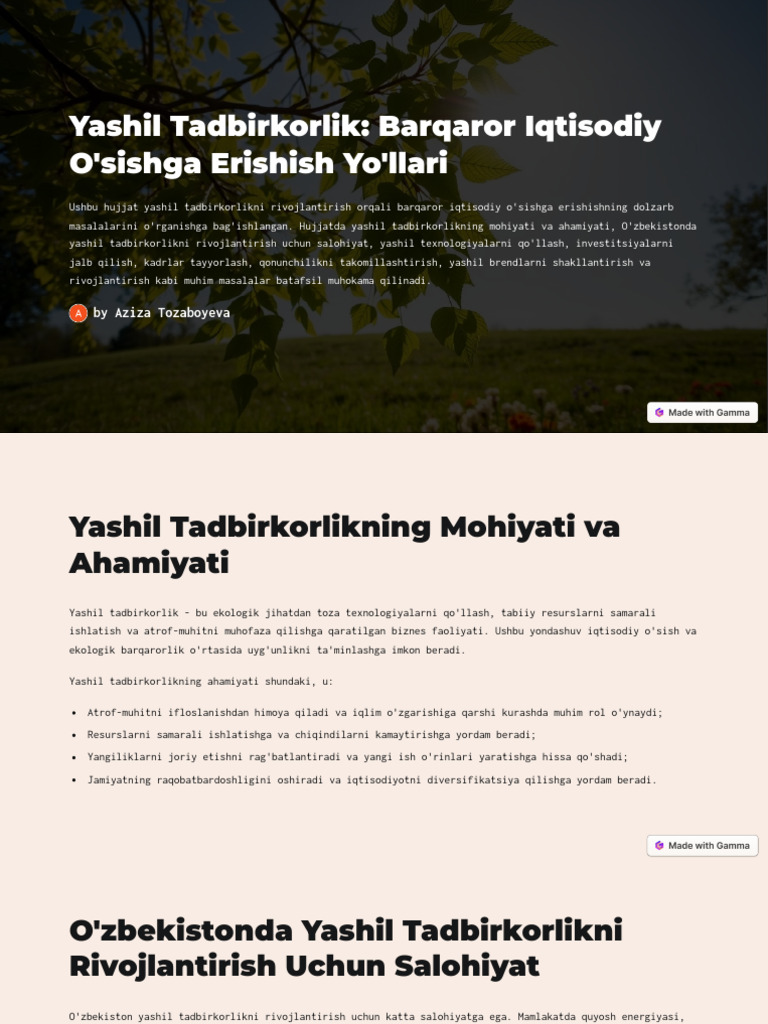 Yashil-Tadbirkorlik-Barqaror-Iqtisodiy-Osishga-Erishish-Yollari | PDF