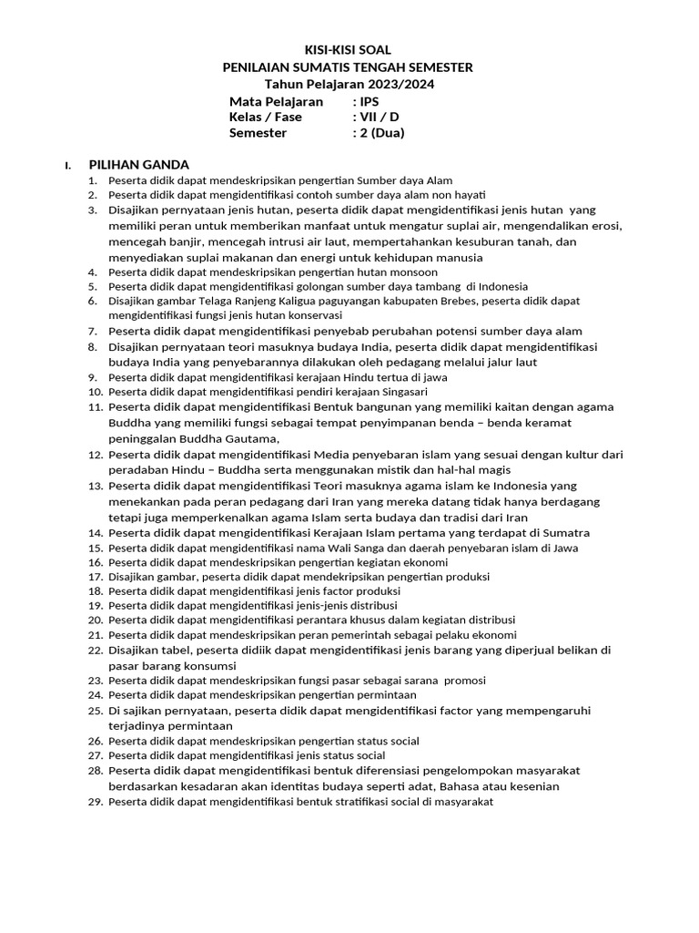 KISI-KISI PSTS KELAS VII SEMESTER 2 TP. 2023.2024 | PDF