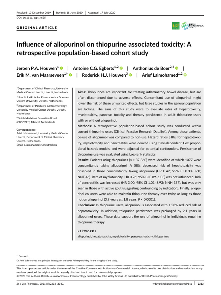Brit J Clinical Pharma - 2020 - Houwen - Influence of Allopurinol On ...