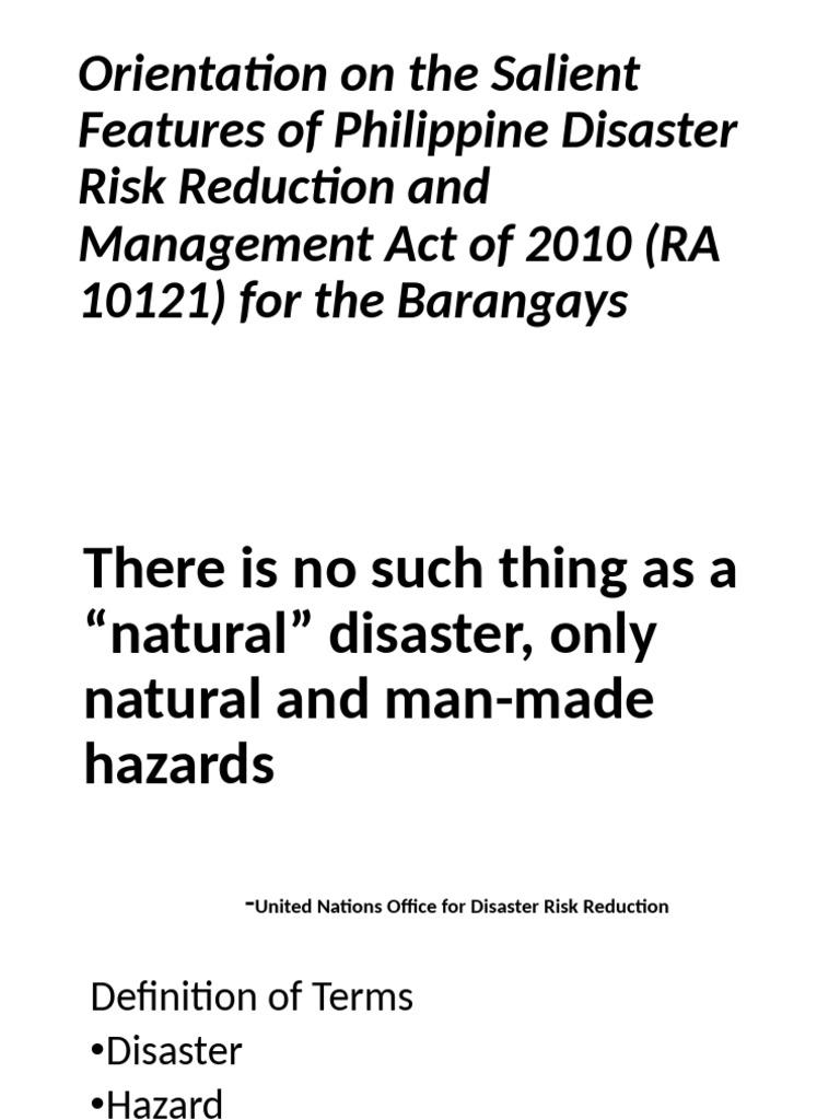 Salient Features of RA 10121 | PDF | Hazards | Disaster Risk Reduction