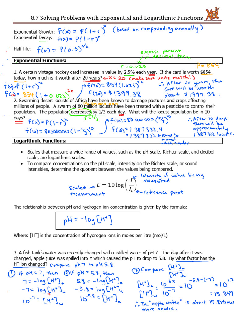 8.7 Solving Problems With Exponential and Logarithmic Functions Completed Note | PDF