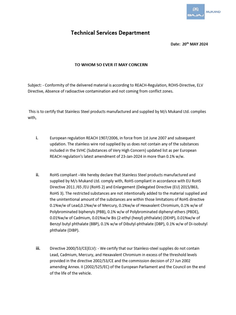 REACH - RoHS declaration As on 20.05.2024 | PDF | Occupational Safety ...