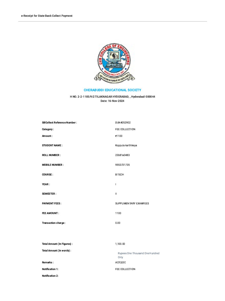 e-Receipt for B Tech Fee Payment | PDF