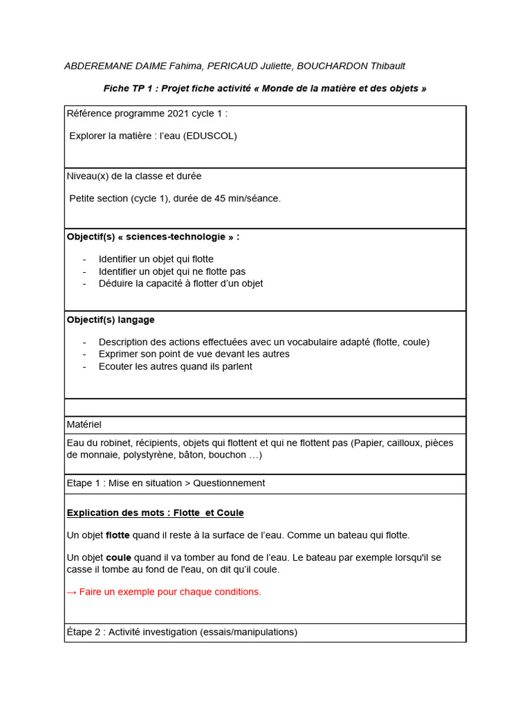 Flottabilité des objets en cycle 1 | PDF