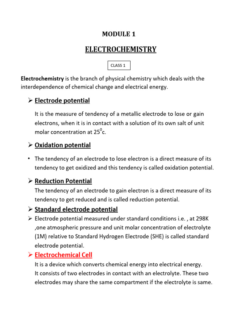Module 1 Electrochemistry and Corrosion | PDF | Electrochemistry | Redox